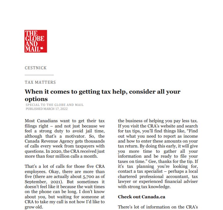 Tim Cestnick's The Globe and Mail Article | MARCH 17, 2022